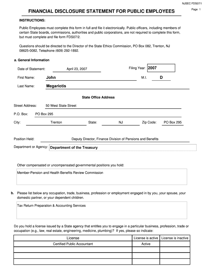 Fillable Online NJSEC Financial Disclosure Form , Employee FDS - State ...