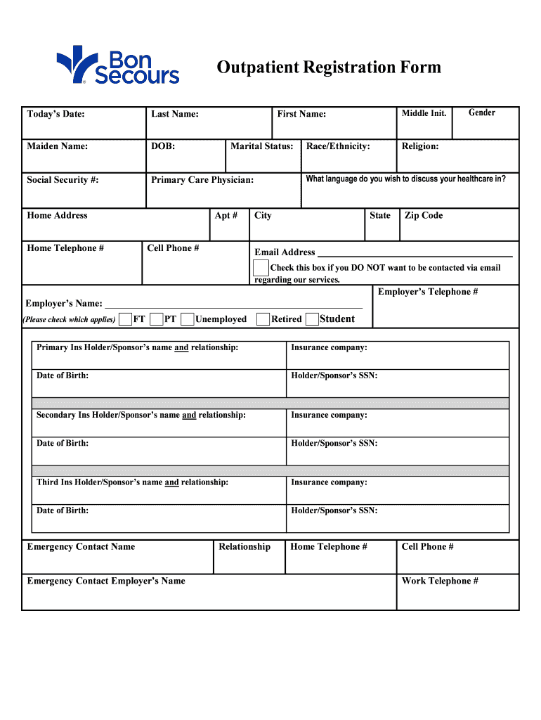 Fillable Online Outpatient Registration Form - Bon Secours Physical ...