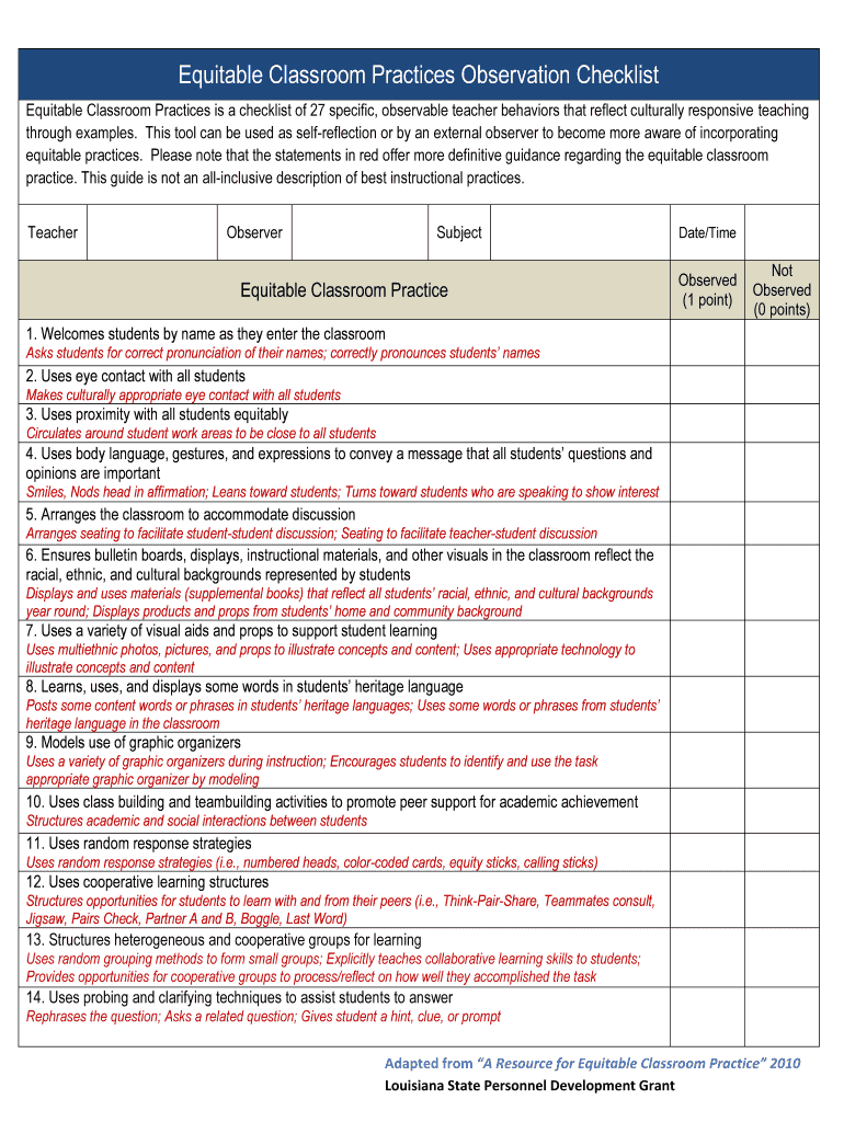 Equitable Classroom Practices Checklist - Fill and Sign Printable ...