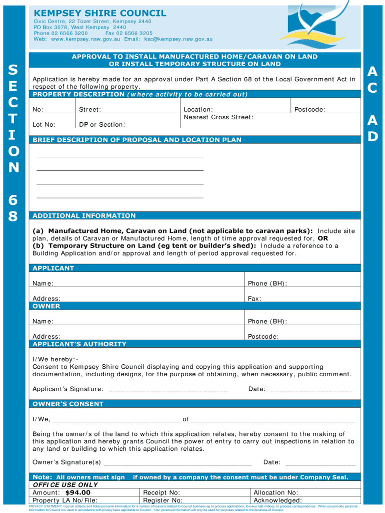 Fillable Online Approval to install manufactured home/caravan on land ...