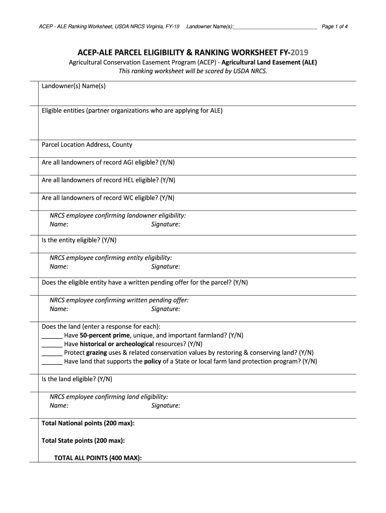 Fillable Online acep-ale parcel eligibility & ranking worksheet fy-2019 ...