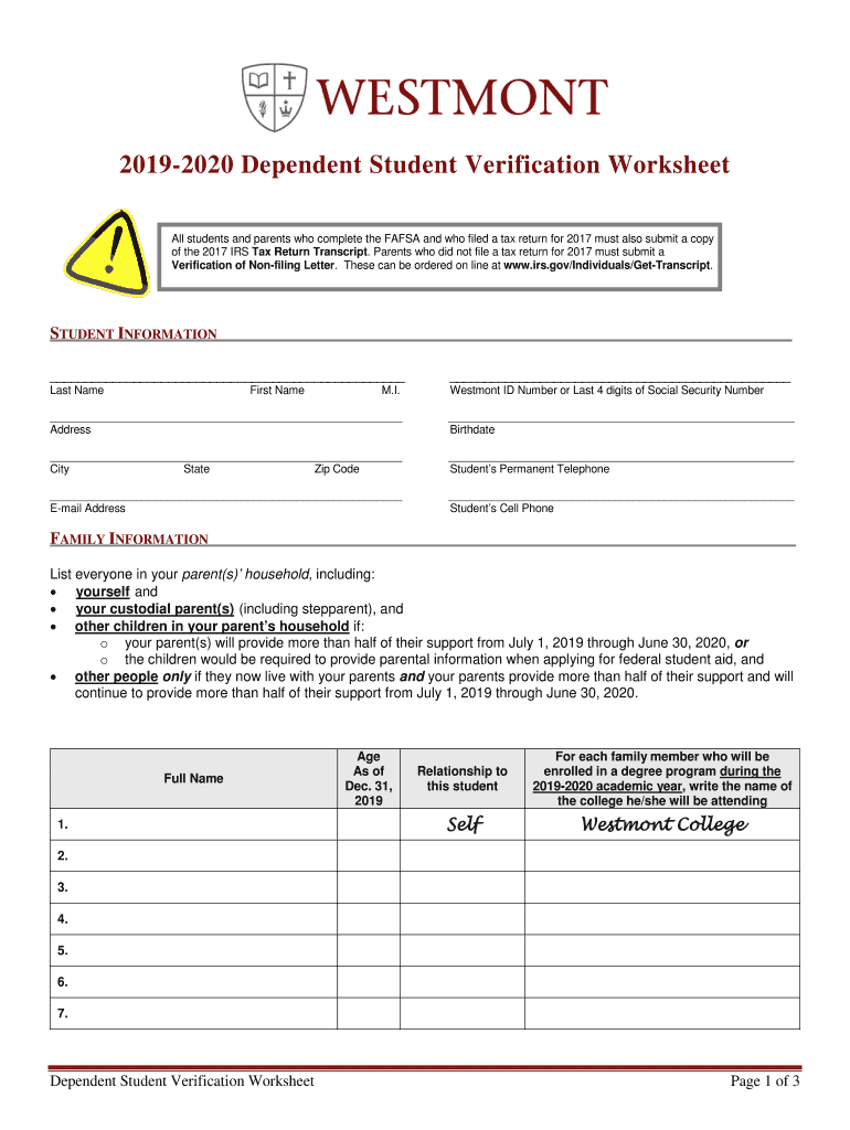 Fillable Online 2019-2020 Dependent Verification of Tax ...