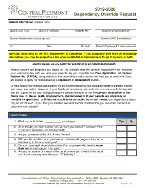 Fillable Online 2019-2020 Dependency Override Request - Central ...