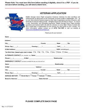 Fillable Online Middle Georgia Honor Flight - Veteran Application ...