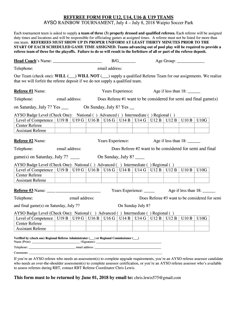 Fillable Online REFEREE FORM FOR U12, U14, U16 & U19 TEAMS AYSO ... Fax Email Print - pdfFiller