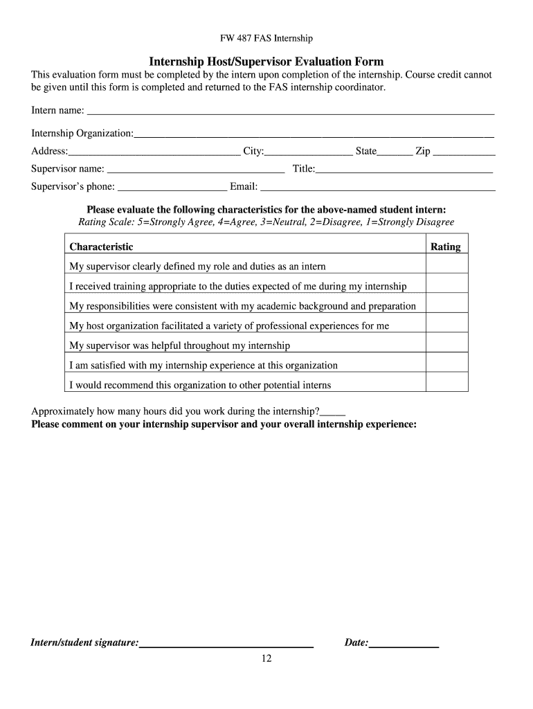 Fillable Online warnercnr colostate Internship Host/Supervisor ...