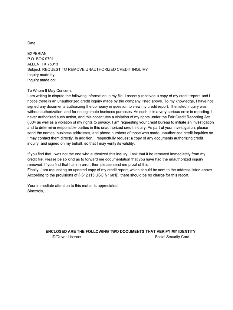 Hard Inquiry Removal Letter Printable