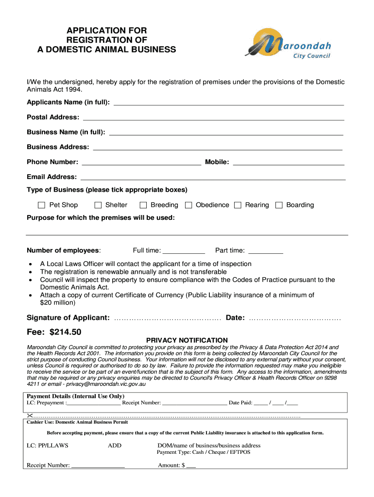 Fillable Online APPLICATION FOR REGISTRATION OF A DOMESTIC ANIMAL Fax ...