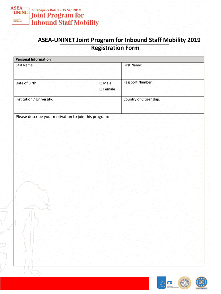 Fillable Online ASEA-UNINET Joint Program for Inbound Staff Mobility 2019 ... Fax Email Print ...