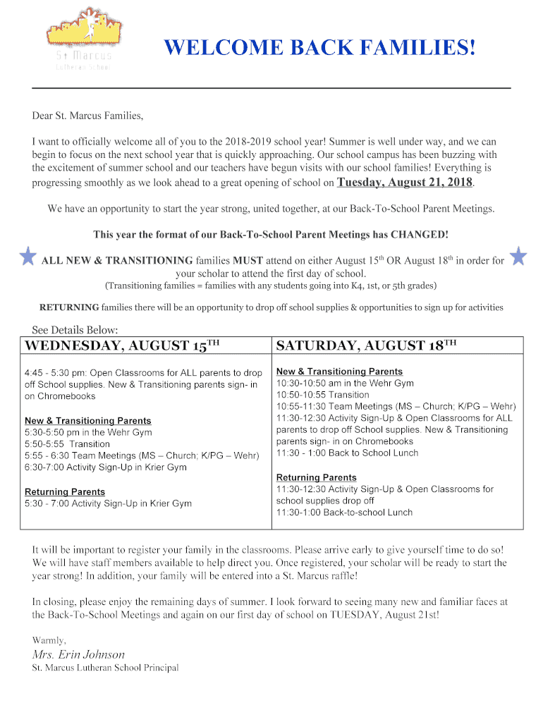 Fillable Online Welcome Back To School Letter From Principal To ...