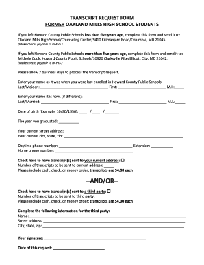 Fillable Online omhs hcpss Student Transcript Request Form - Former ...