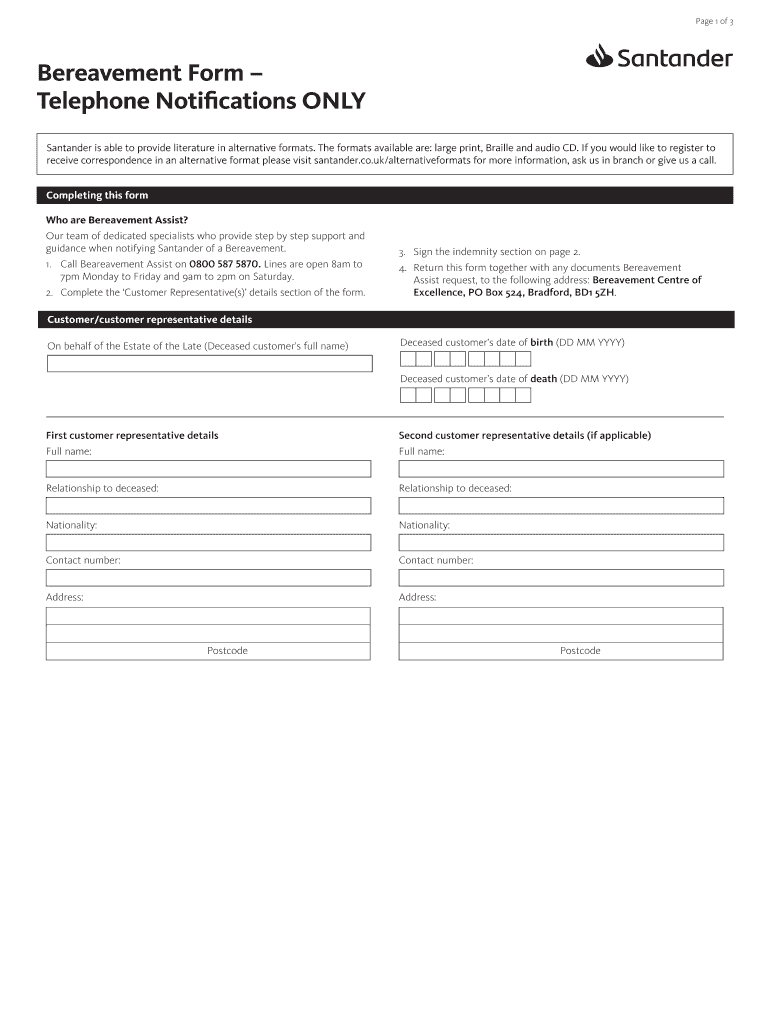 Fillable Online Bereavement FormTelephone Notifications only Fax Email ...