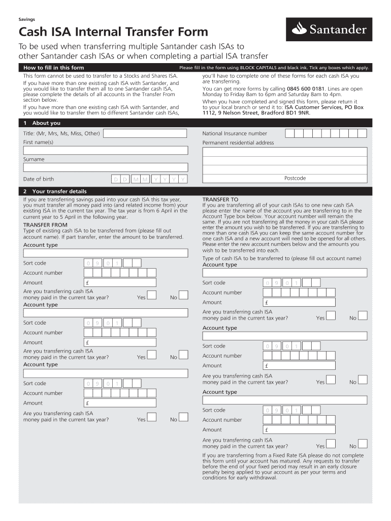 Fillable Online Cash ISA Internal Transfer Form - Santander Fax Email ...