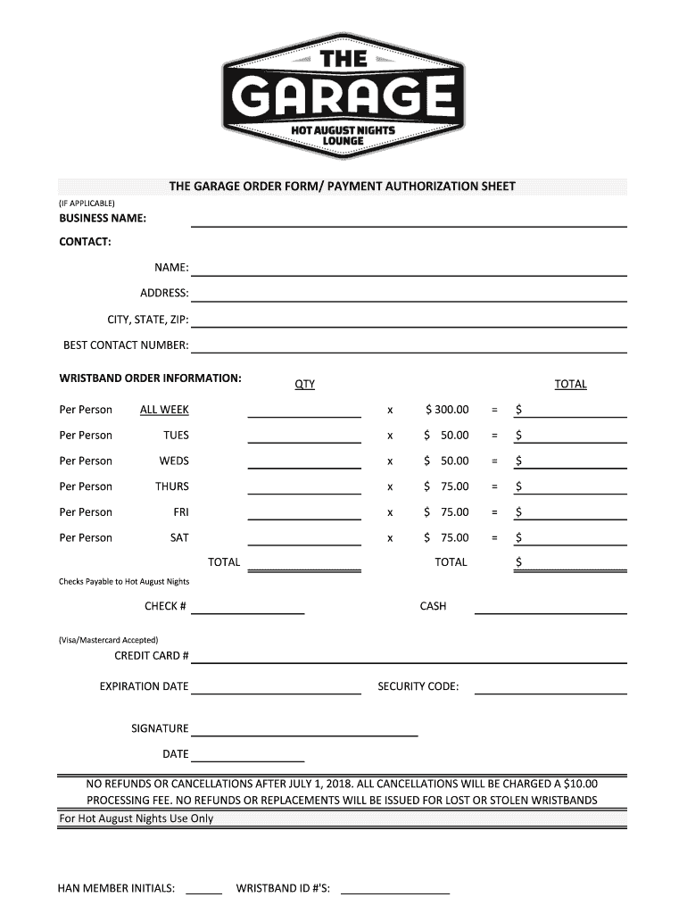 Fillable Online THE GARAGE ORDER FORM/ PAYMENT AUTHORIZATION SHEET Fax ...