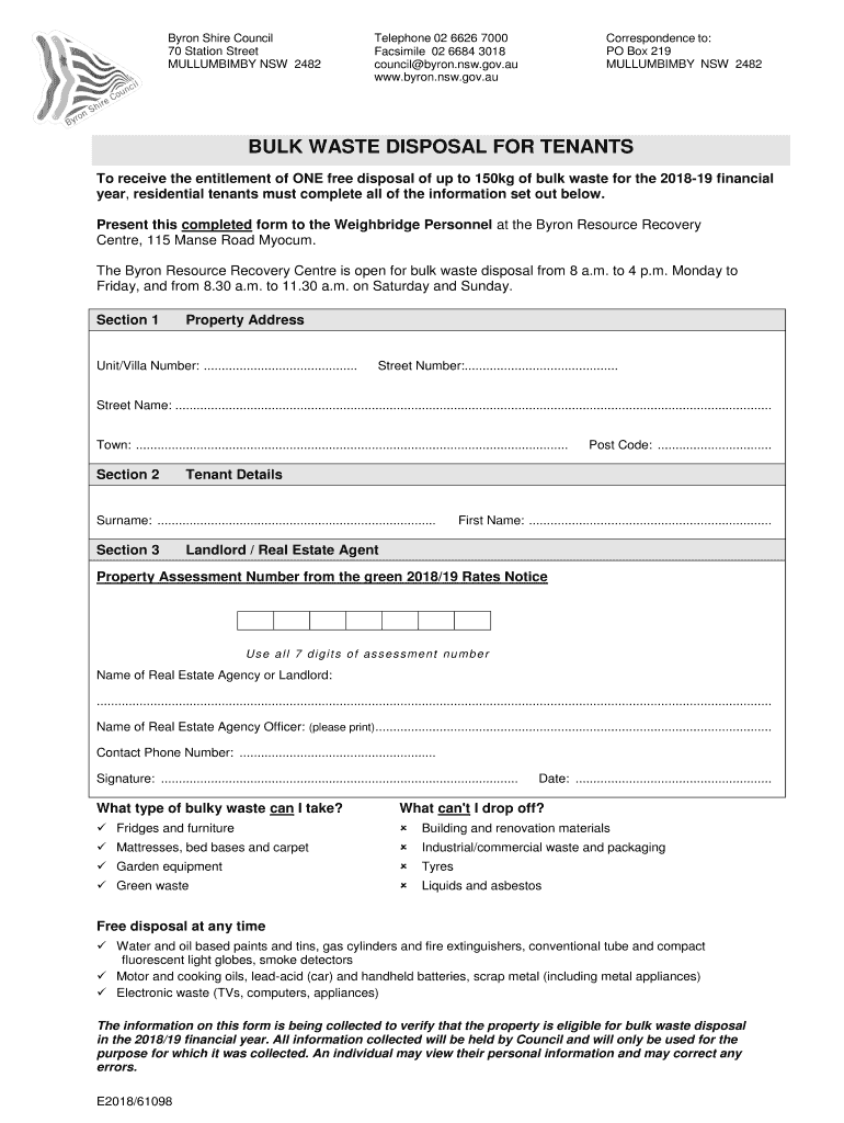 Fillable Online 2018-19 Bulk Waste Disposal Tenant Form(PDF, 57KB) Fax ...