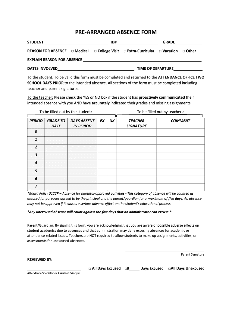 Fillable Online Absence from School on Day of Activity - Chester-East ...