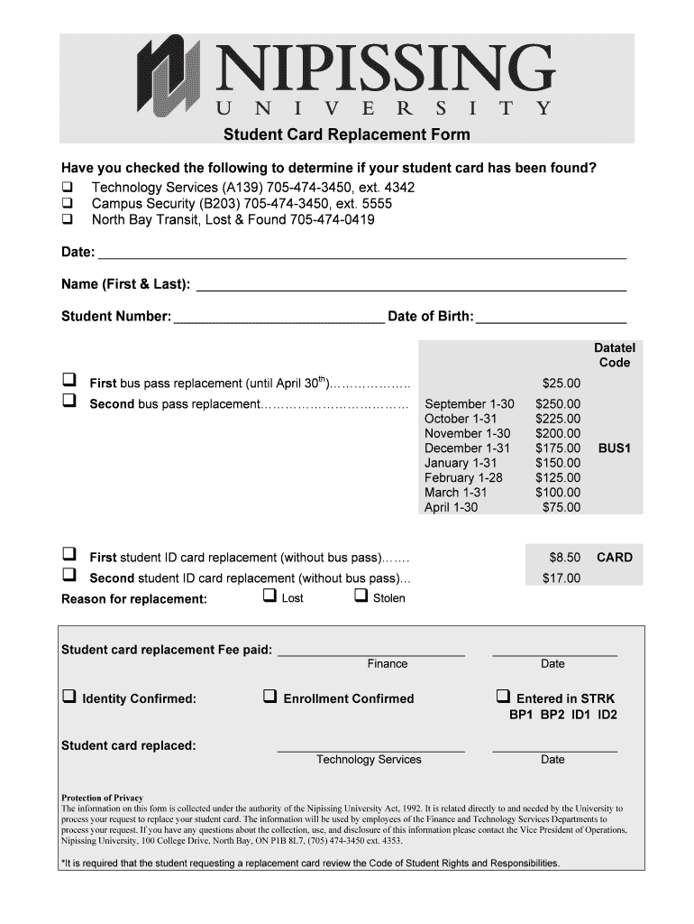 Fillable Online Lost Student Card Form - Nipissing University Fax Email Print - pdfFiller