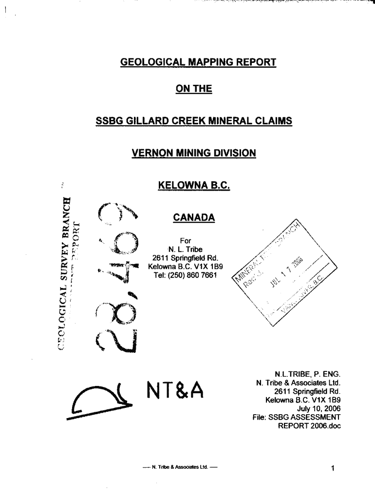 Fillable Online aris empr gov bc GEOLOGICAL MAPPING REPORT ON THE SSBG ...