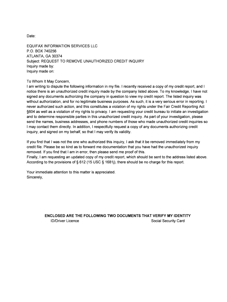 RE TO REMOVE UNAUTHORIZED CREDIT INQUIRY EQUIFAX Hard Inquiry 