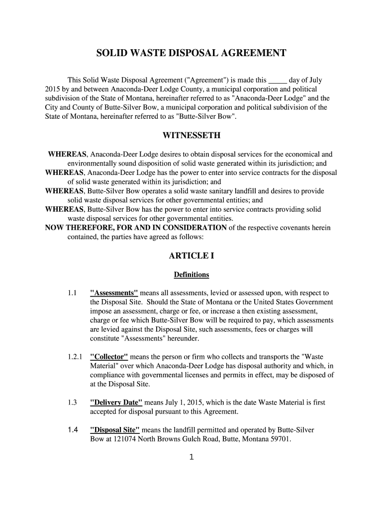Fillable Online solid waste disposal agreement - Butte Silver Bow Fax ...