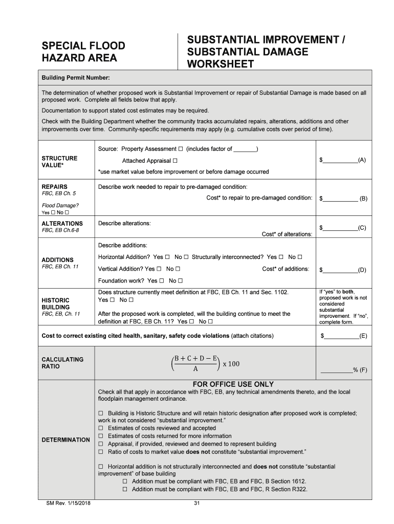 Fillable Online substantial improvement / substantial damage worksheet ...