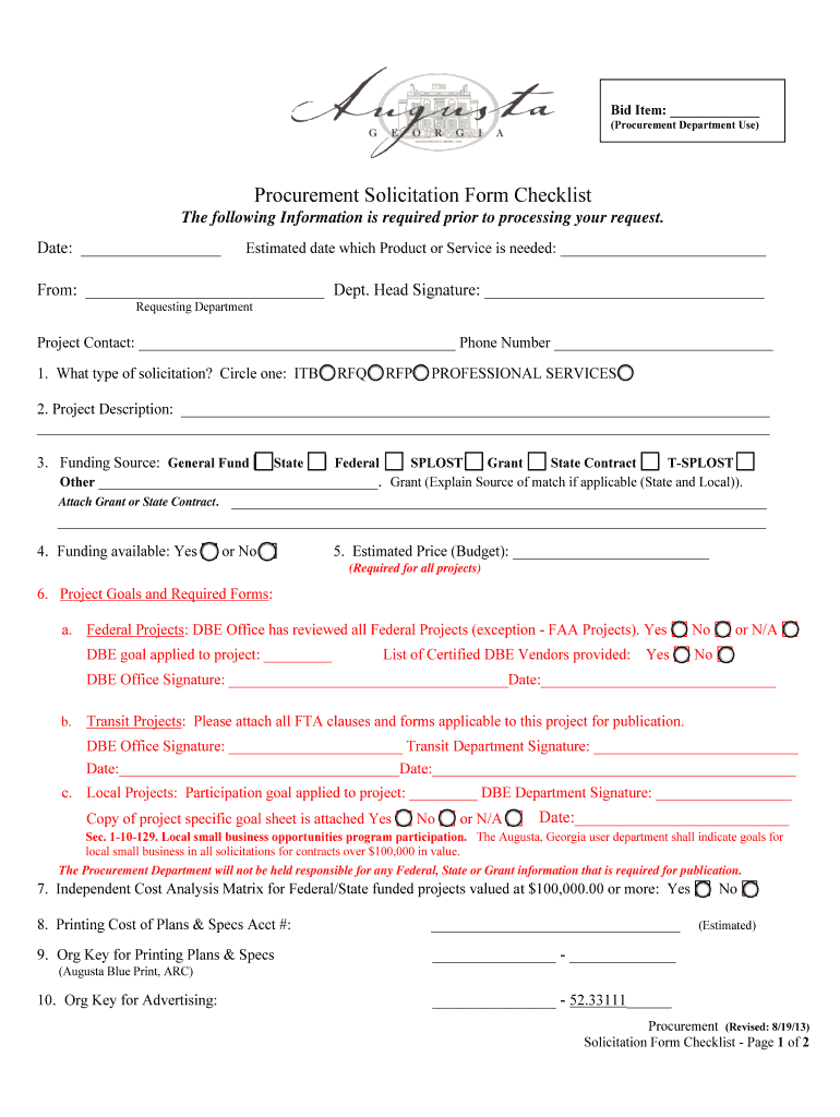 Fillable Online Procurement Solicitation Form Checklist Fax Email Print ...