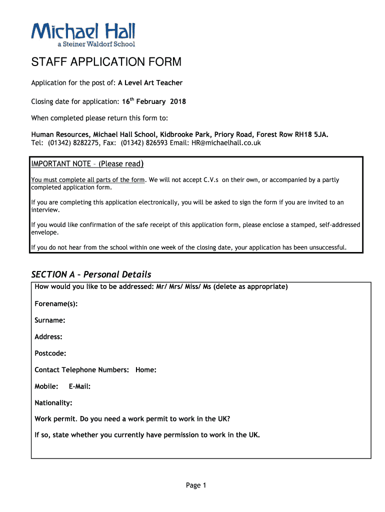 Fillable Online STAFF APPLICATION FORM - Michael Hall School Fax Email ...