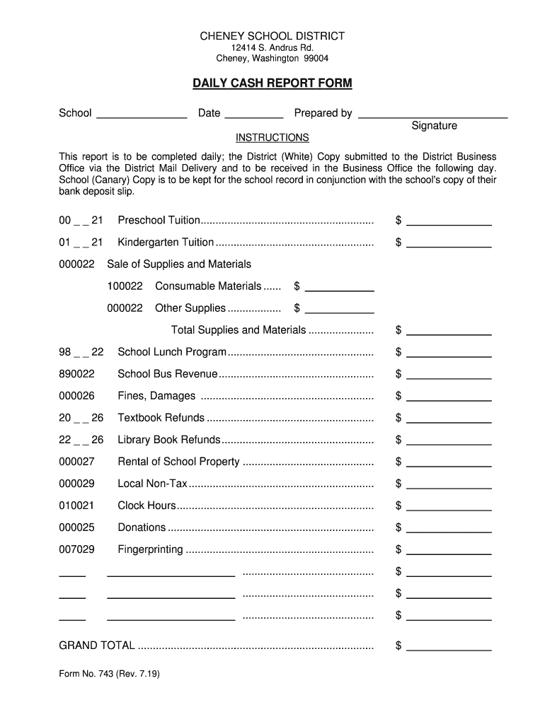 Fillable Online Form 743, Daily Cash Report Form (Rev. 7.19) Fax Email ...