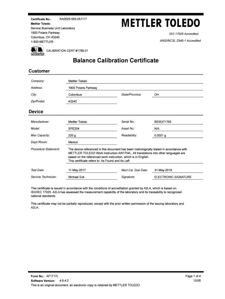 Balance Calibration Certificate - Mettler Toledo: Fill out & sign ...