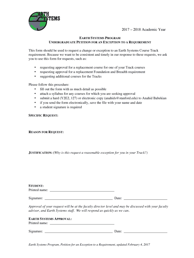 Fillable Online pangea stanford UNDERGRADUATE PETITION FOR AN EXCEPTION TO A REQUIREMENT Fax ...