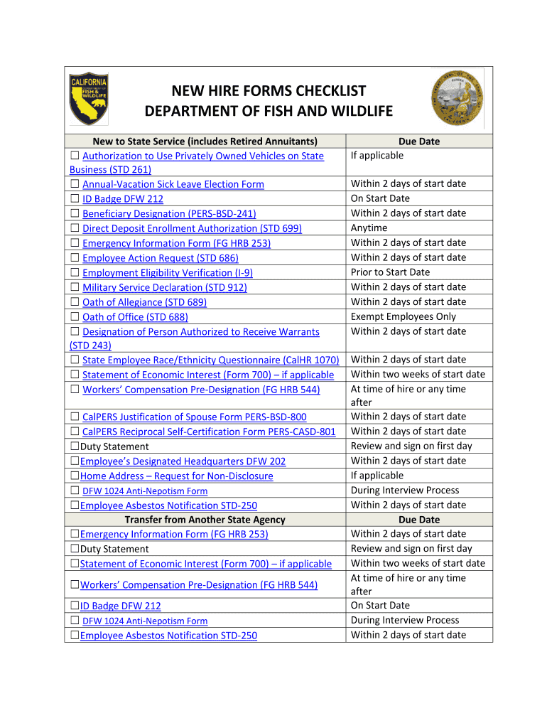 Fillable Online new hire forms checklist department of fish and ...