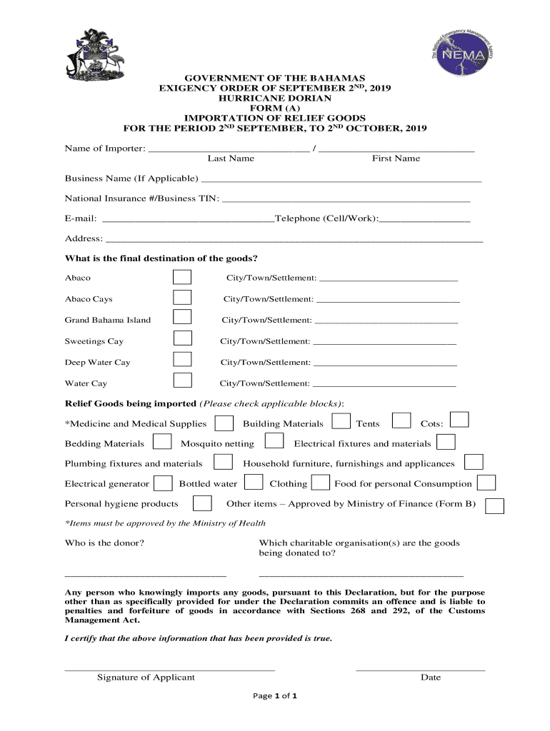 Exigency Order Form - Grand Bahama Disaster Relief ... - Fill and Sign ...