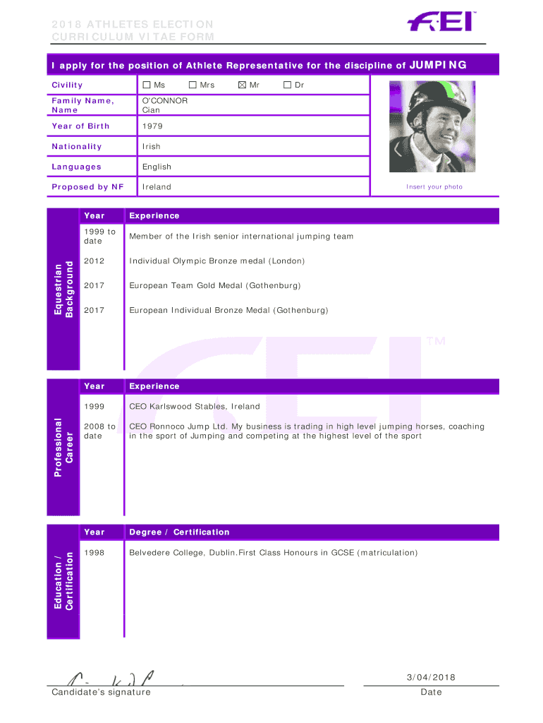 Fillable Online inside fei 2018 athletes election curriculum vitae form ...
