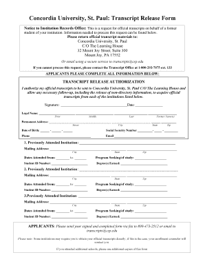 Fillable Online Transcript Release Form - Concordia University, St ...