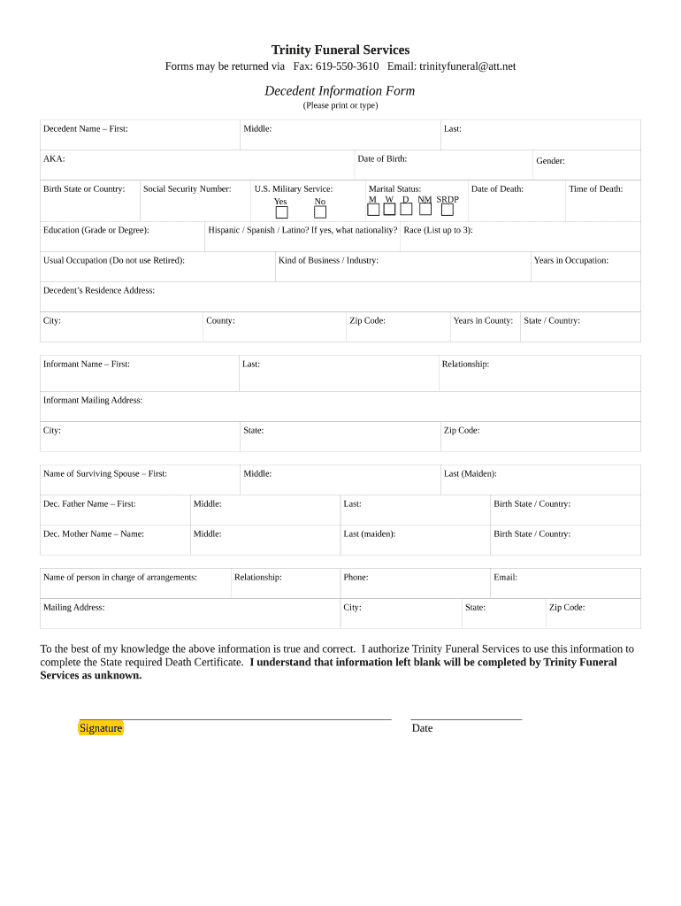 Fillable Online Death Certificate and Obituary InformationWood Funeral ... Fax Email Print ...