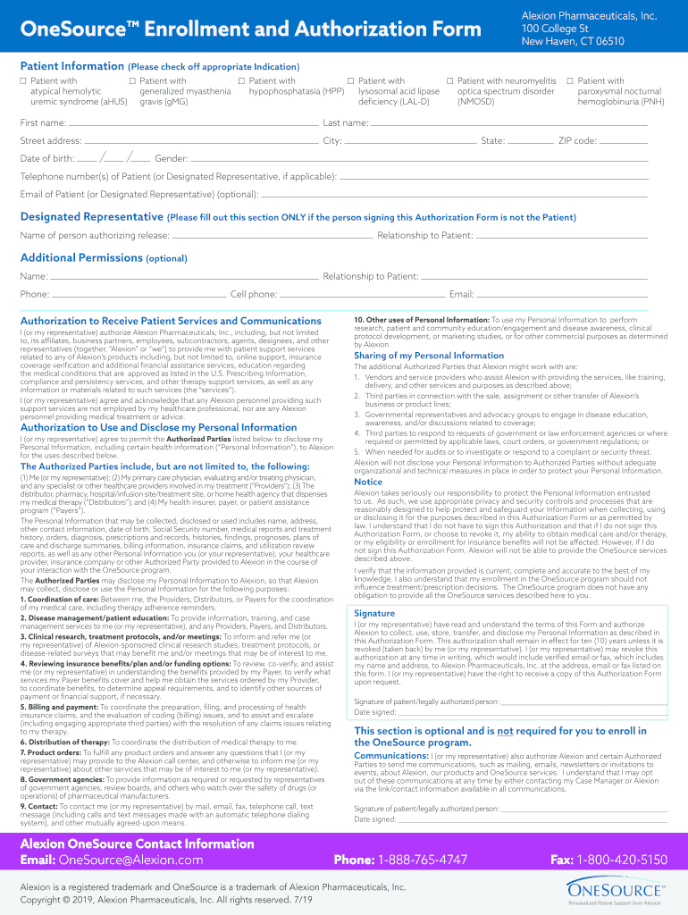 Alexion OneSource Enrollment and Authorization Form - Blank Fillable ...