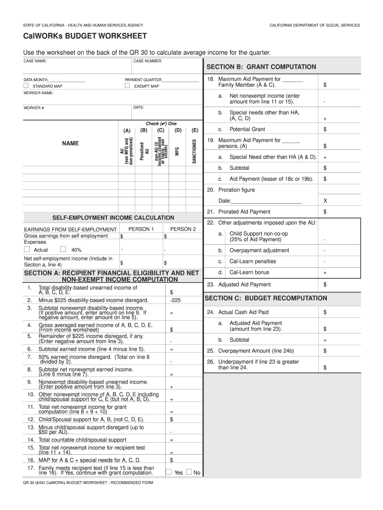 Fillable Online CalWORKs BUDGET WORKSHEET - CDSS - State of California ...