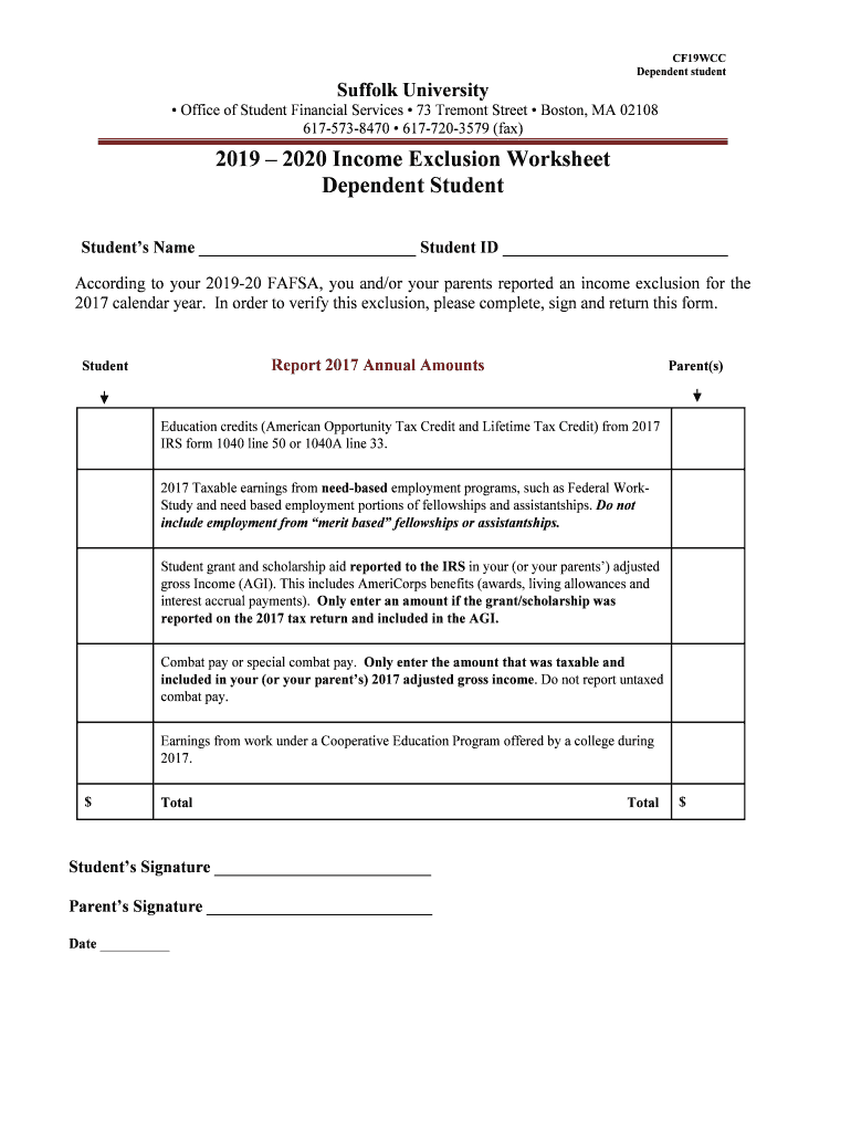 Fillable Online 2019 2020 Income Exclusion Worksheet Dependent Student ...