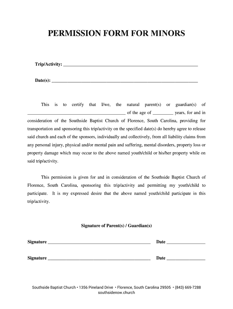 Fillable Online permission form for minors - Southside Baptist Church Fax Email Print - pdfFiller
