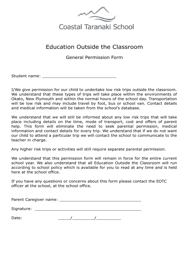Fillable Online coastaltaranaki school General Permission Consent Form ...