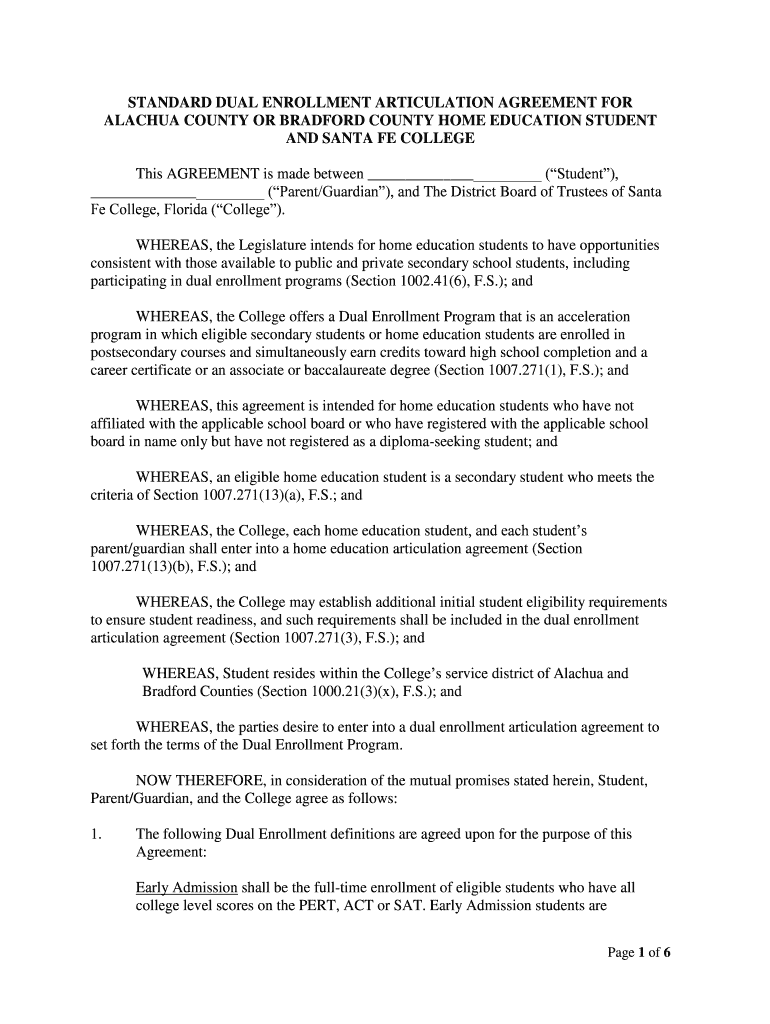 Fillable Online STANDARD DUAL ENROLLMENT ARTICULATION AGREEMENT FOR Fax Email Print - pdfFiller