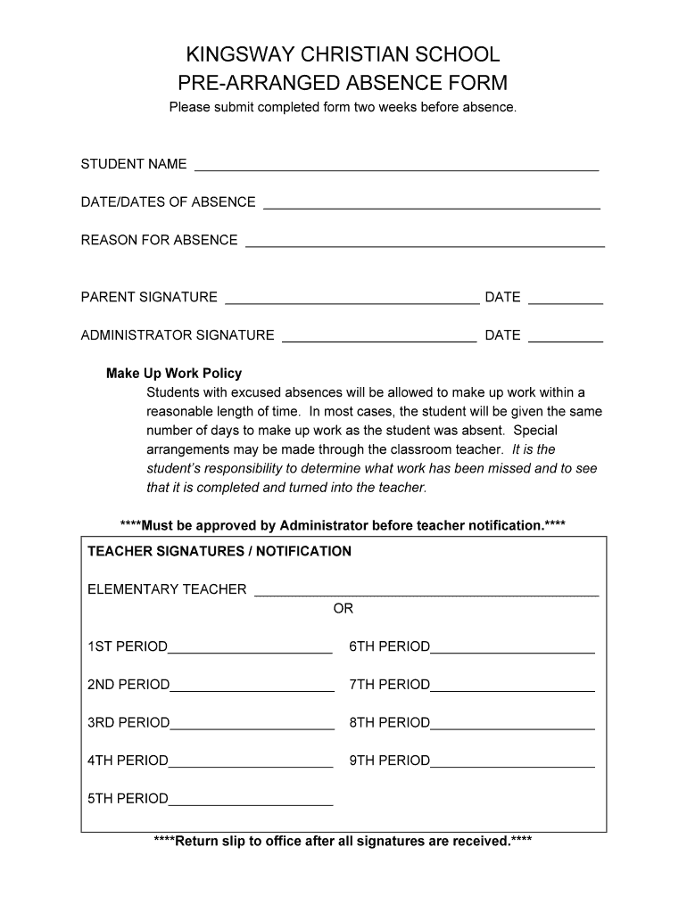 Fillable Online jkl bahweting school pre-arranged absence/homework form ...