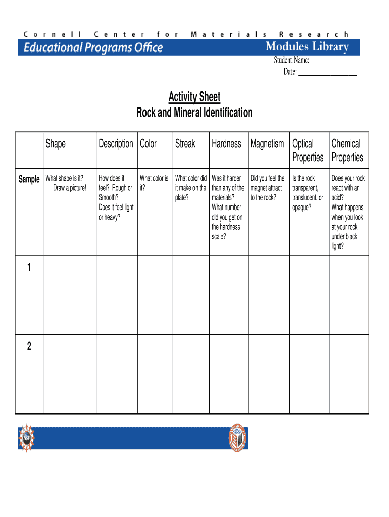 Fillable Online Activity Sheet Rock and Mineral Identification ...