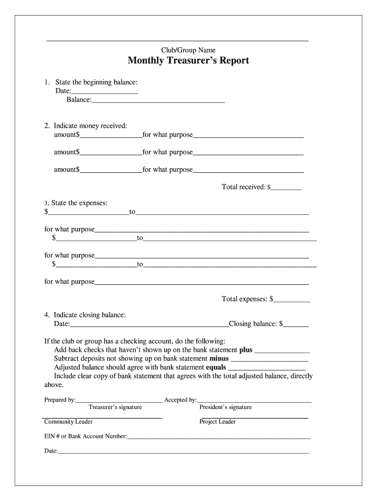 Fillable Online Treasurer's Report.PDF. 4-H Club Treasurer's Report Fax ...