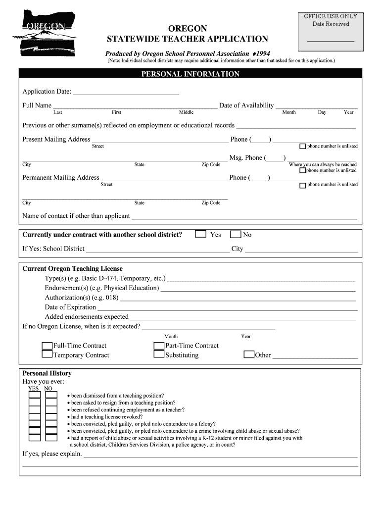 Fillable Online Bill Of Sale Form Oregon Statewide Teacher Application ... Fax Email Print ...