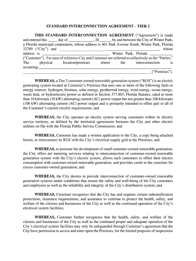 Fillable Online TIER 2 THIS STANDARD INTERCONNECTION AGREEMENT Fax Email Print - pdfFiller