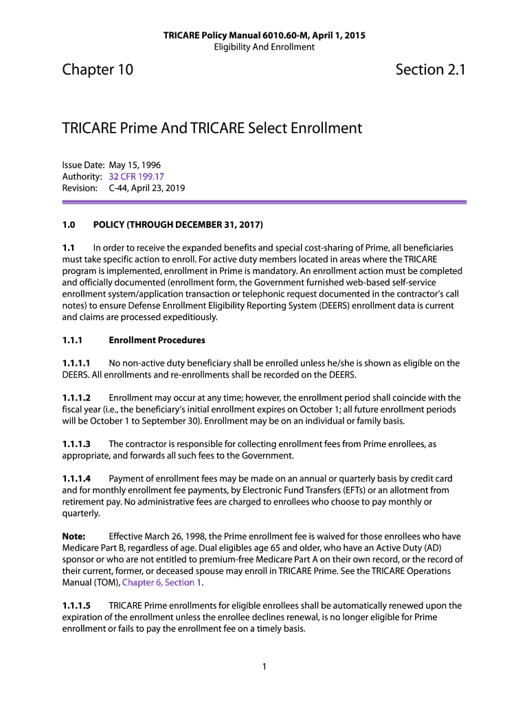 Fillable Online TP15 Chap 10 Sect 2.1 -- TRICARE Prime And TRICARE Select Enrollment. TP15 Chap ...