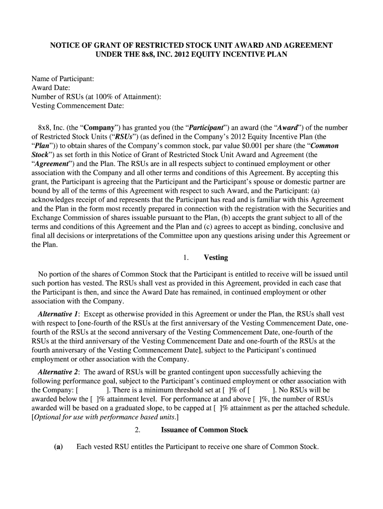 Fillable Online Notice of Grant of Restricted Stock Unit Award and ...