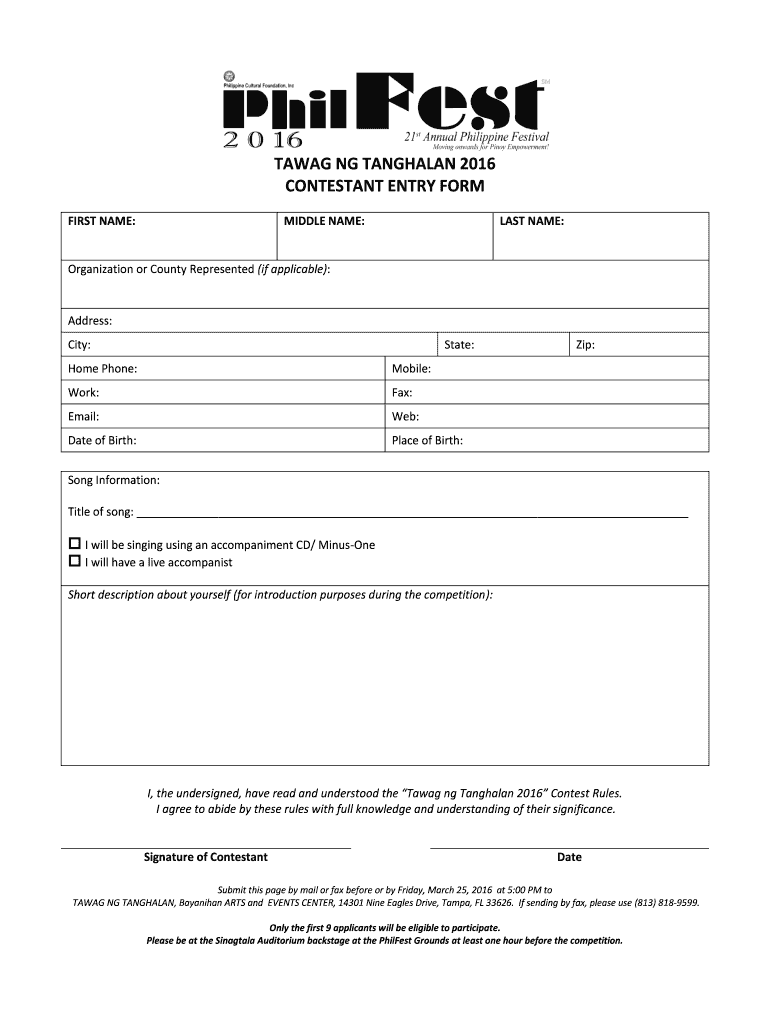 Fillable Online Tawag ng Tanghalan 2007 Application Form. Tawag ng ...