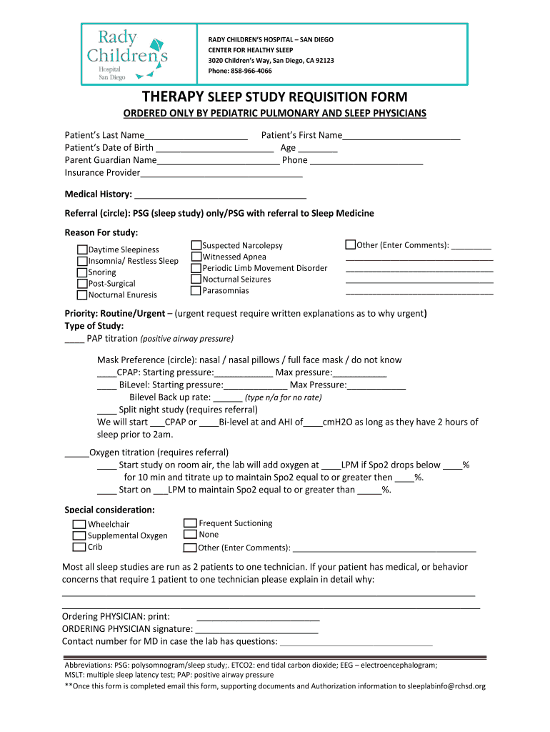 Therapy Sleep Study Requisition Form - Rady Children's Hospital ...